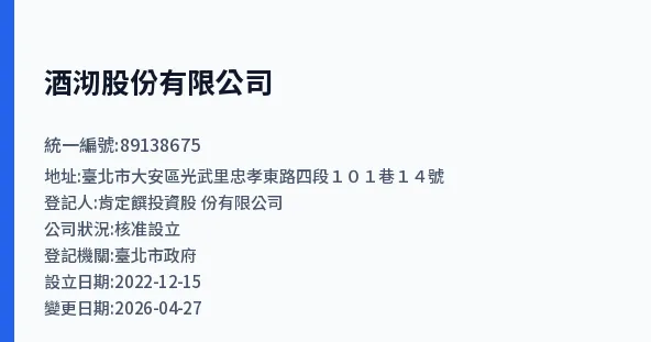 酒沏股份有限公司的照片-統編 89138675(臺北市) 公司登記資料與營業項目詳細圖表