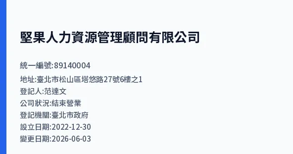 堅果人力資源管理顧問有限公司的照片-統編 89140004(臺北市) 公司登記資料與營業項目詳細圖表