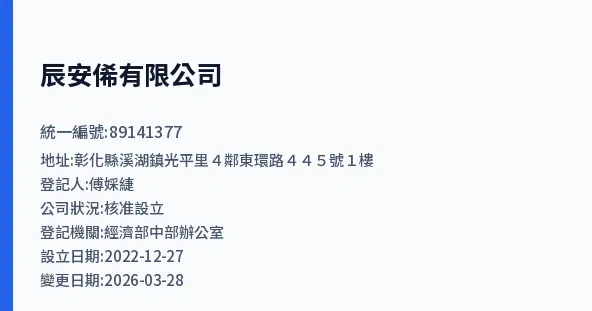 辰安俙有限公司的照片-統編 89141377(彰化縣) 公司登記資料與營業項目詳細圖表