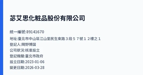 苾艾思化粧品股份有限公司的照片-統編 89141670(臺北市) 公司登記資料與營業項目詳細圖表