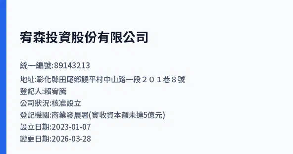 宥森投資股份有限公司的照片-統編 89143213(彰化縣) 公司登記資料與營業項目詳細圖表