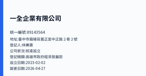 一全企業有限公司的照片-統編 89143564(臺中市) 公司登記資料與營業項目詳細圖表