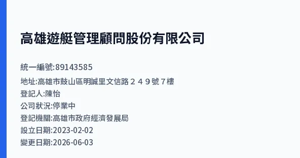 高雄遊艇管理顧問股份有限公司的照片-統編 89143585(高雄市) 公司登記資料與營業項目詳細圖表