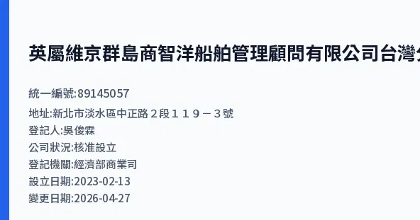 英屬維京群島商智洋船舶管理顧問有限公司台灣分公司的照片-統編 89145057(新北市) 公司登記資料與營業項目詳細圖表
