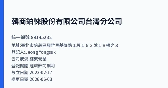 韓商鉑徠股份有限公司台灣分公司的照片-統編 89145232(臺北市) 公司登記資料與營業項目詳細圖表