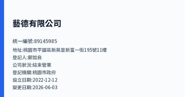 藝德有限公司的照片-統編 89145985(桃園市) 公司登記資料與營業項目詳細圖表