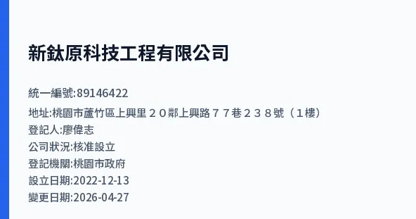 新鈦原科技工程有限公司的照片-統編 89146422(桃園市) 公司登記資料與營業項目詳細圖表