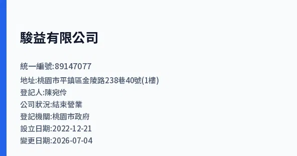 駿益有限公司的照片-統編 89147077(桃園市) 公司登記資料與營業項目詳細圖表