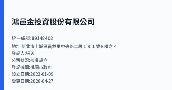 鴻邑金投資股份有限公司的照片-統編 89148408(新北市) 公司登記資料與營業項目詳細圖表