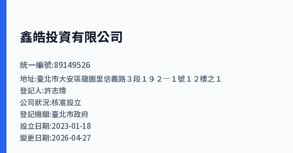 鑫皓投資有限公司的照片-統編 89149526(臺北市) 公司登記資料與營業項目詳細圖表
