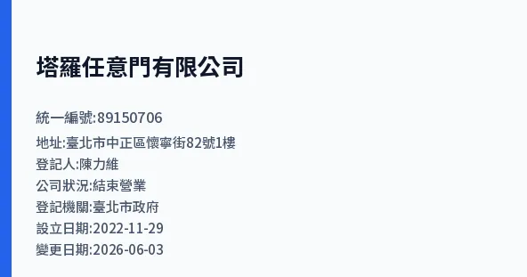 塔羅任意門有限公司的照片-統編 89150706(臺北市) 公司登記資料與營業項目詳細圖表