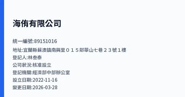海侑有限公司的照片-統編 89151016(宜蘭縣) 公司登記資料與營業項目詳細圖表