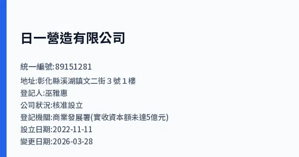 日一營造有限公司的照片-統編 89151281(彰化縣) 公司登記資料與營業項目詳細圖表