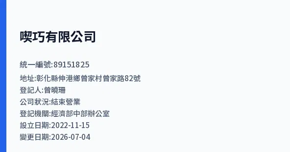喫巧有限公司的照片-統編 89151825(彰化縣) 公司登記資料與營業項目詳細圖表