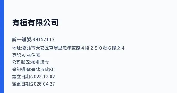 有桓有限公司的照片-統編 89152113(臺北市) 公司登記資料與營業項目詳細圖表