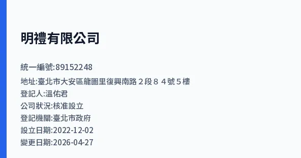 明禮有限公司的照片-統編 89152248(臺北市) 公司登記資料與營業項目詳細圖表