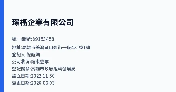 璟福企業有限公司的照片-統編 89153458(高雄市) 公司登記資料與營業項目詳細圖表