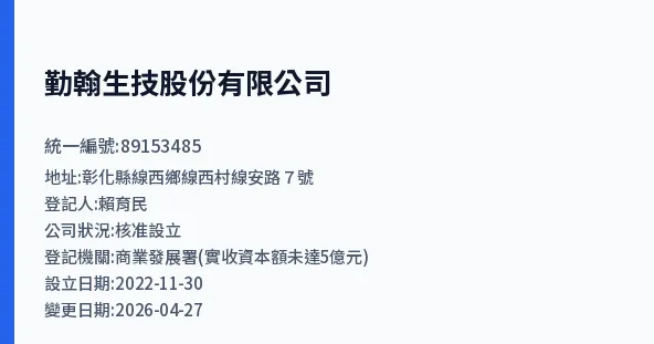 勤翰生技股份有限公司的照片-統編 89153485(彰化縣) 公司登記資料與營業項目詳細圖表