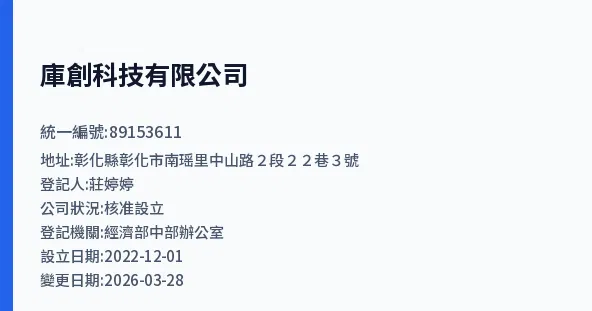 庫創科技有限公司的照片-統編 89153611(彰化縣) 公司登記資料與營業項目詳細圖表