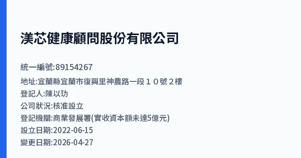 渼芯健康顧問股份有限公司的照片-統編 89154267(宜蘭縣) 公司登記資料與營業項目詳細圖表