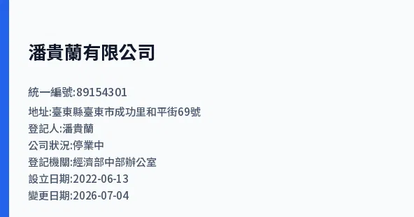 潘貴蘭有限公司的照片-統編 89154301(臺東縣) 公司登記資料與營業項目詳細圖表