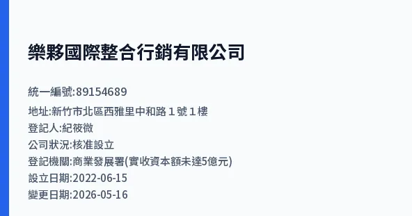 樂夥國際整合行銷有限公司的照片-統編 89154689(新竹市) 公司登記資料與營業項目詳細圖表