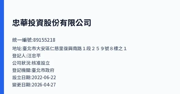 忠華投資股份有限公司的照片-統編 89155218(臺北市) 公司登記資料與營業項目詳細圖表