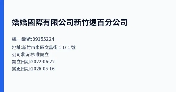 嬌嬌國際有限公司新竹遠百分公司的照片-統編 89155224(新竹市) 公司登記資料與營業項目詳細圖表