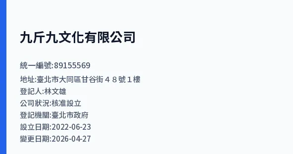 九斤九文化有限公司的照片-統編 89155569(臺北市) 公司登記資料與營業項目詳細圖表