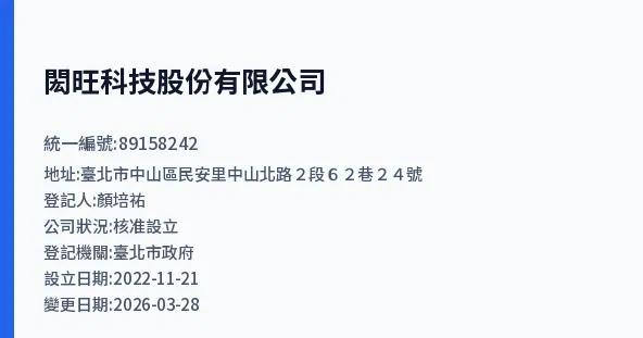 閎旺科技股份有限公司的照片-統編 89158242(臺北市) 公司登記資料與營業項目詳細圖表