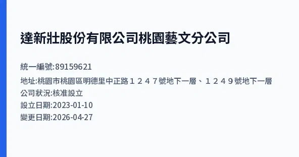 達新壯股份有限公司桃園藝文分公司的照片-統編 89159621(桃園市) 公司登記資料與營業項目詳細圖表