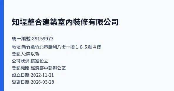 知埕整合建築室內裝修有限公司的照片-統編 89159973(新竹縣) 公司登記資料與營業項目詳細圖表