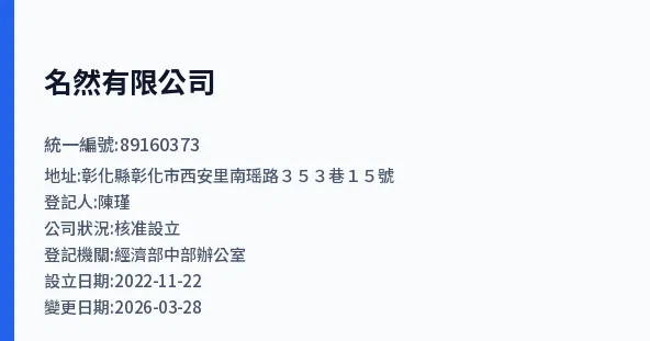 名然有限公司的照片-統編 89160373(彰化縣) 公司登記資料與營業項目詳細圖表