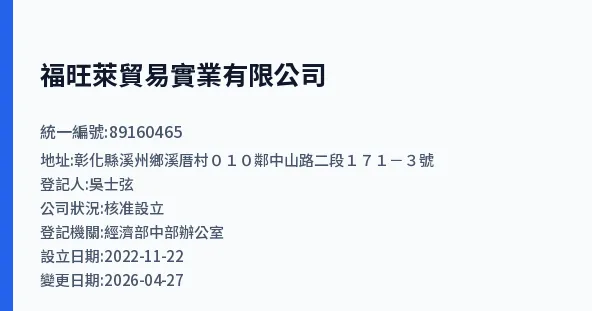 福旺萊貿易實業有限公司的照片-統編 89160465(彰化縣) 公司登記資料與營業項目詳細圖表