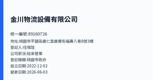 金川物流設備有限公司的照片-統編 89160726(桃園市) 公司登記資料與營業項目詳細圖表