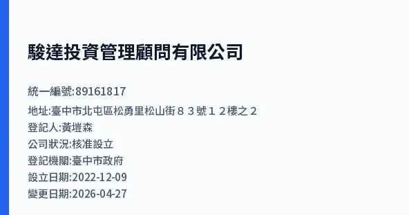 駿達投資管理顧問有限公司的照片-統編 89161817(臺中市) 公司登記資料與營業項目詳細圖表