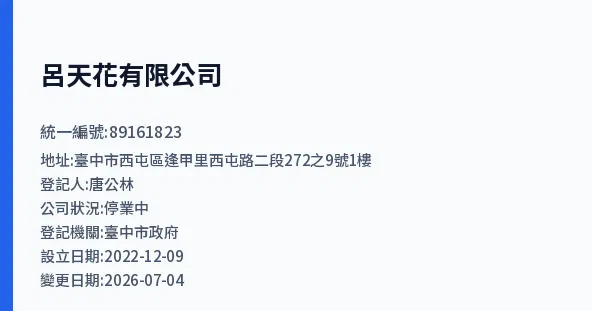 呂天花有限公司的照片-統編 89161823(臺中市) 公司登記資料與營業項目詳細圖表