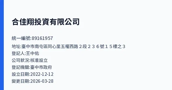 合佳翔投資有限公司的照片-統編 89161957(臺中市) 公司登記資料與營業項目詳細圖表