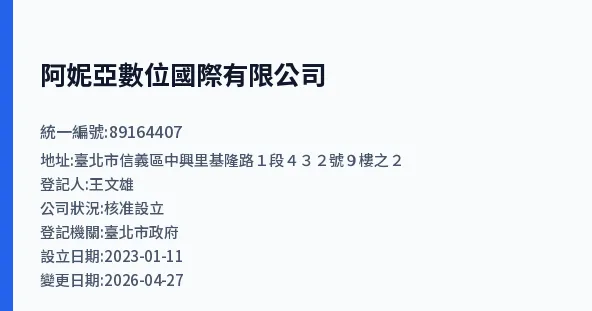 阿妮亞數位國際有限公司的照片-統編 89164407(臺北市) 公司登記資料與營業項目詳細圖表