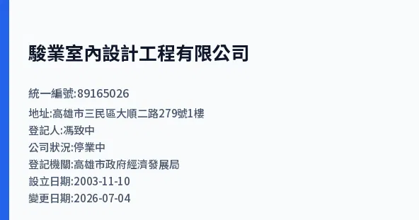 駿業室內設計工程有限公司的照片-統編 89165026(高雄市) 公司登記資料與營業項目詳細圖表