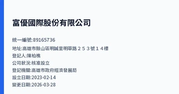 富優國際股份有限公司的照片-統編 89165736(高雄市) 公司登記資料與營業項目詳細圖表