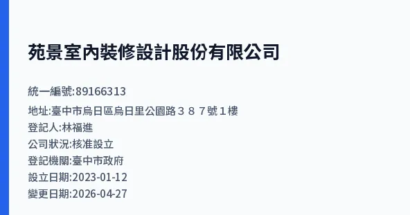 苑景室內裝修設計股份有限公司的照片-統編 89166313(臺中市) 公司登記資料與營業項目詳細圖表
