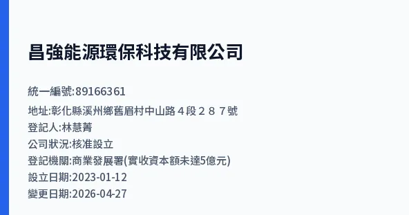 昌強能源環保科技有限公司的照片-統編 89166361(彰化縣) 公司登記資料與營業項目詳細圖表