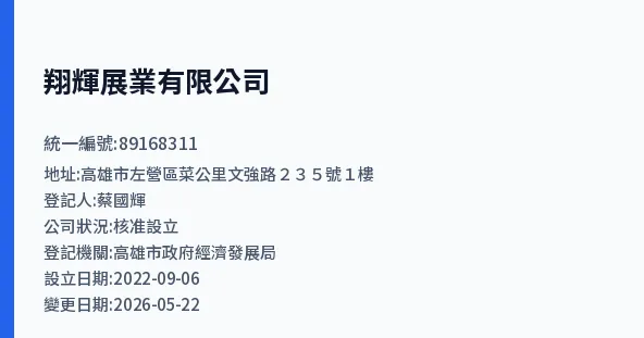 翔輝展業有限公司的照片-統編 89168311(高雄市) 公司登記資料與營業項目詳細圖表