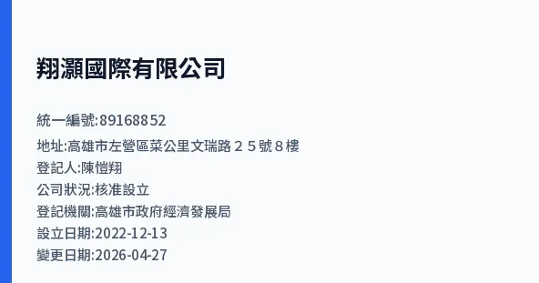 翔灝國際有限公司的照片-統編 89168852(高雄市) 公司登記資料與營業項目詳細圖表
