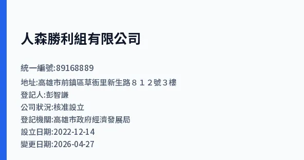 人森勝利組有限公司的照片-統編 89168889(高雄市) 公司登記資料與營業項目詳細圖表