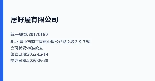 居好屋有限公司的照片-統編 89170180 公司登記資料與營業項目詳細圖表