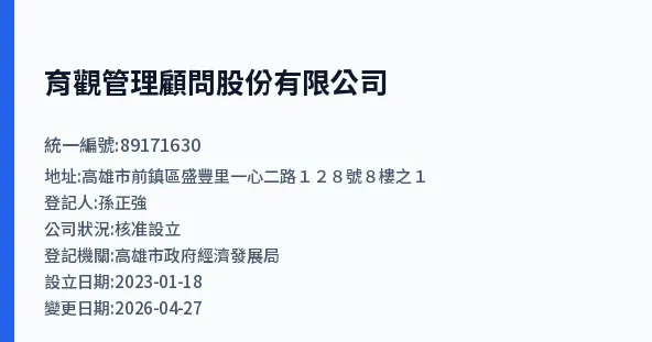 育觀管理顧問股份有限公司的照片-統編 89171630(高雄市) 公司登記資料與營業項目詳細圖表