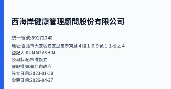 西海岸健康管理顧問股份有限公司的照片-統編 89172048(臺北市) 公司登記資料與營業項目詳細圖表