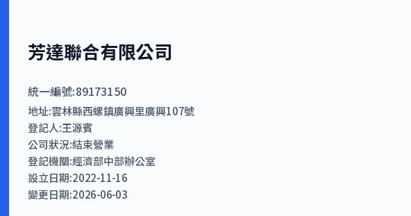 芳達聯合有限公司的照片-統編 89173150(雲林縣) 公司登記資料與營業項目詳細圖表
